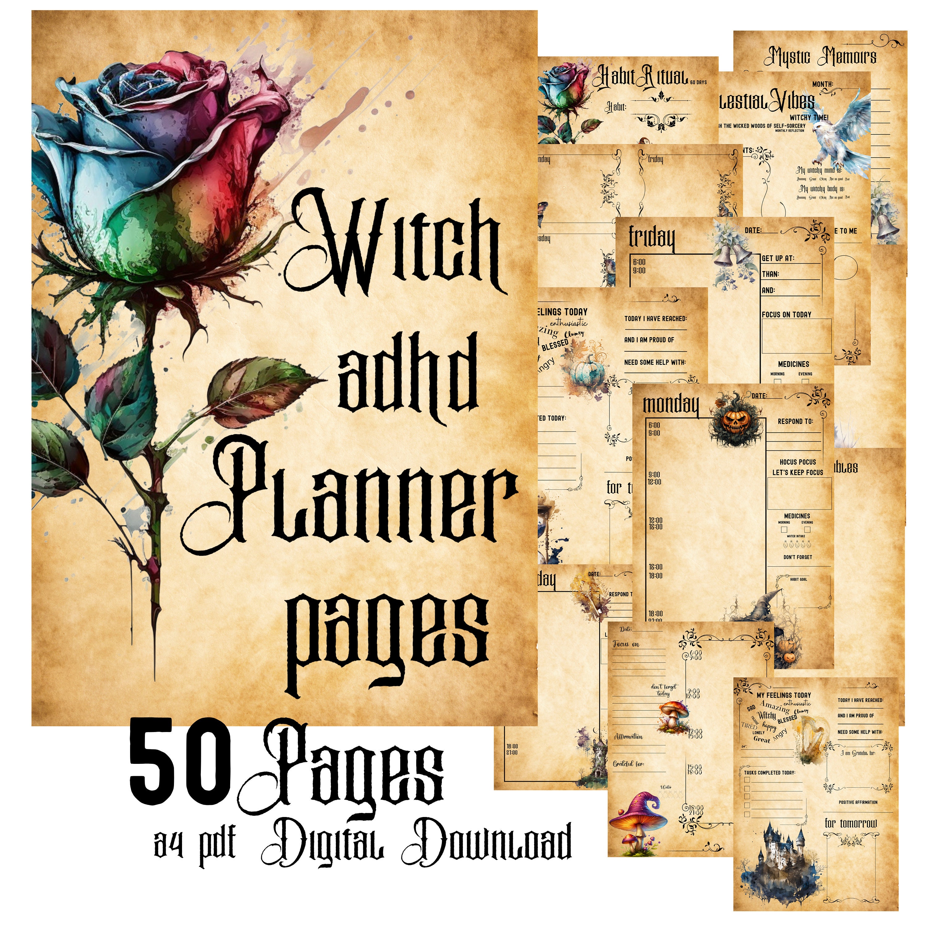 Witchy Daily Planner Pages, Celestial Adhd Printable A4 Pages, Pagan ...