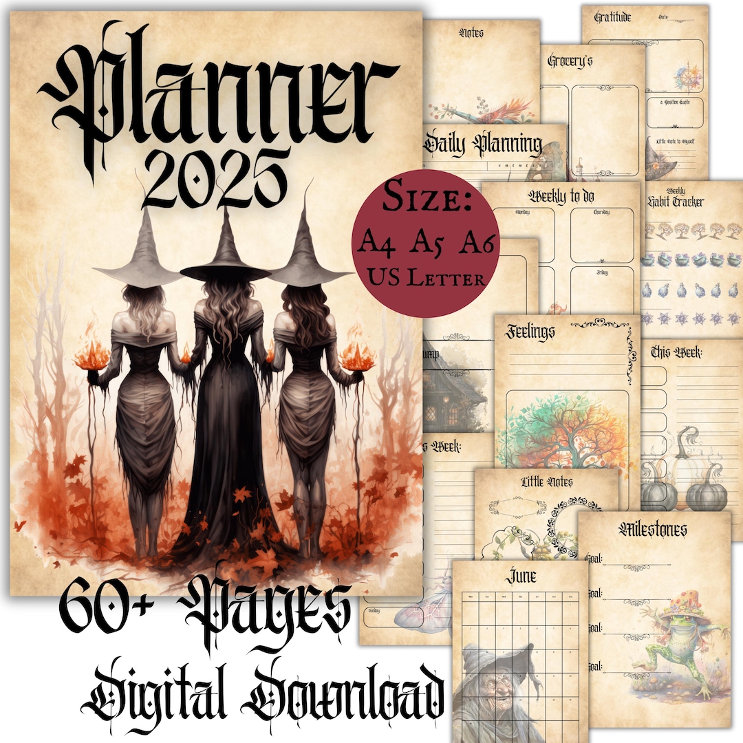 Witchy Planner 2025, Pagan Calendar 2025 Digital Download Pages, Grimoire Pages Printable Witch ...
