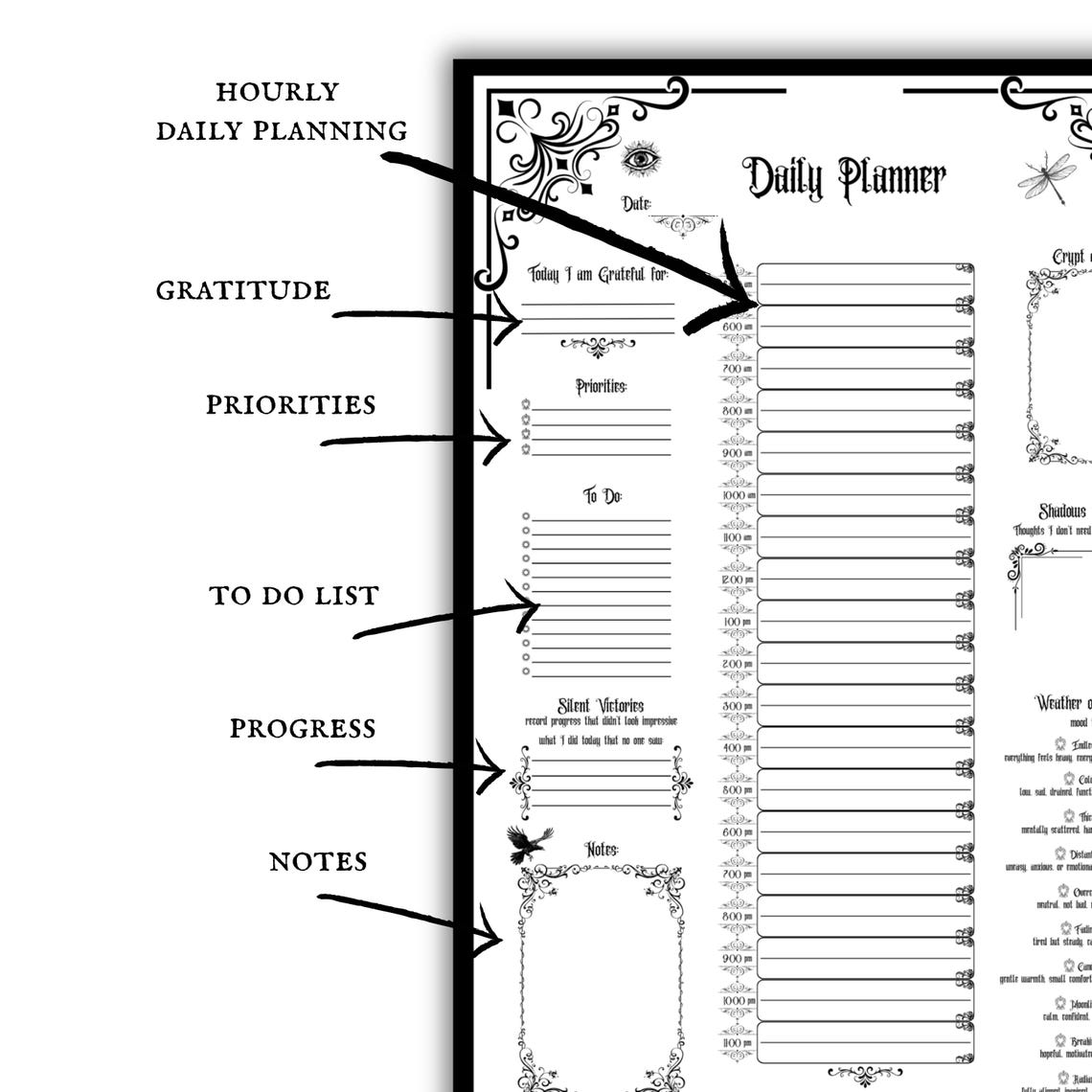 Gothic Daily Planner Printable Download Organized Planner Gothic Design ...
