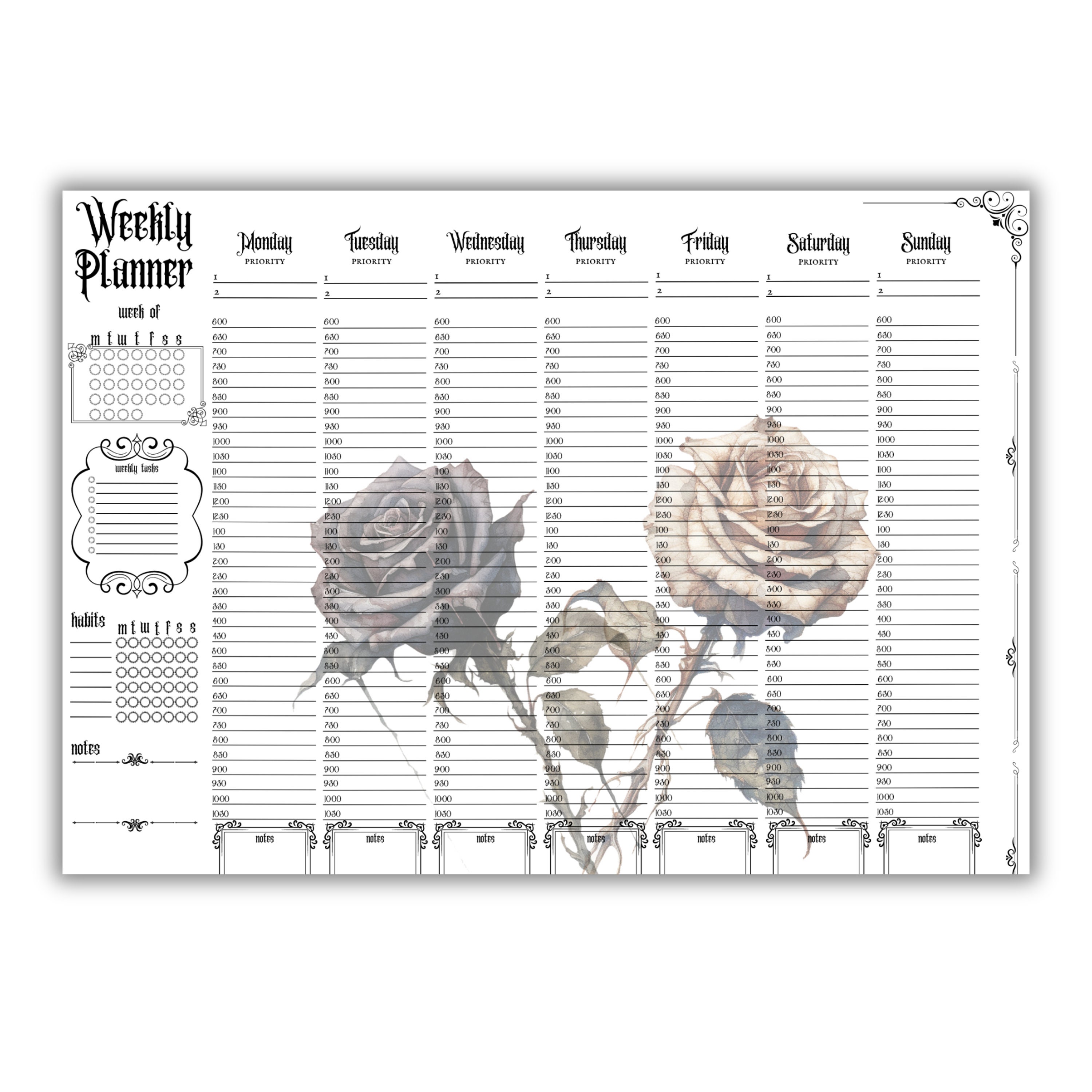 Gothic Weekly Planner Pages Printable Download One Week Organizer Goth ...