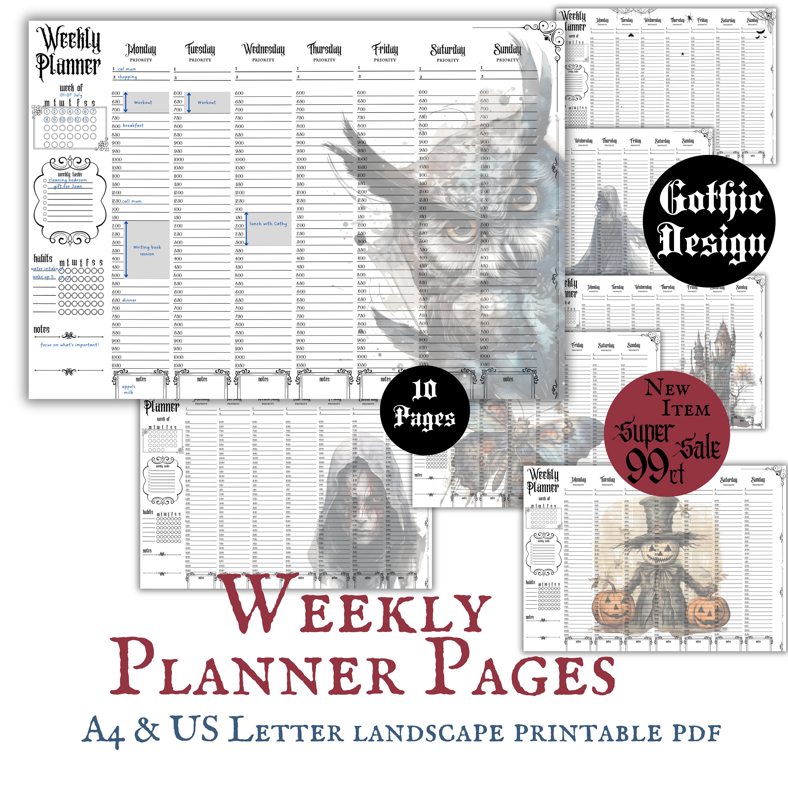 Gothic Weekly Planner Pages Printable Download One Week Organizer Goth ...