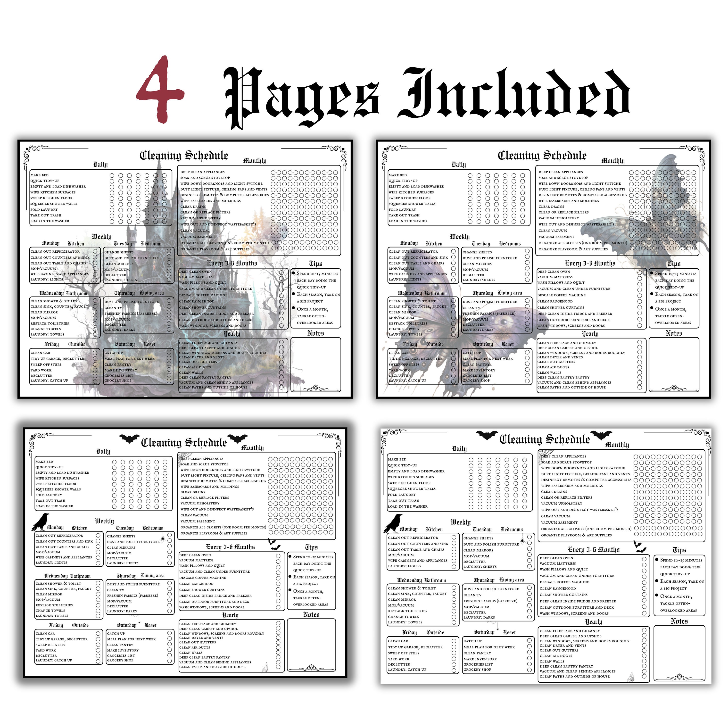 Gothic Cleaning Schedule Printable PDF Pages Daily Weekly Yearly ...
