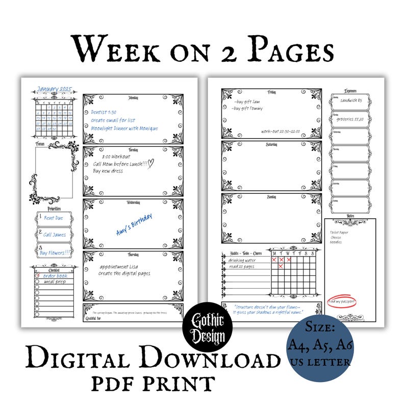 Gothic Undated Weekly Planner Pages Printable Download Week at A Glance ...
