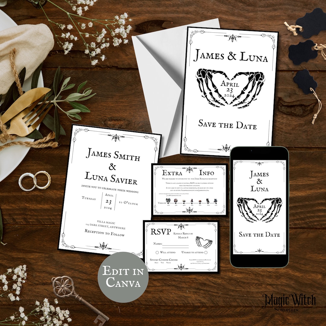 Gothic Wedding Invitation Editable, RSVP Skeleton Printable Download Invite Template Dark ...