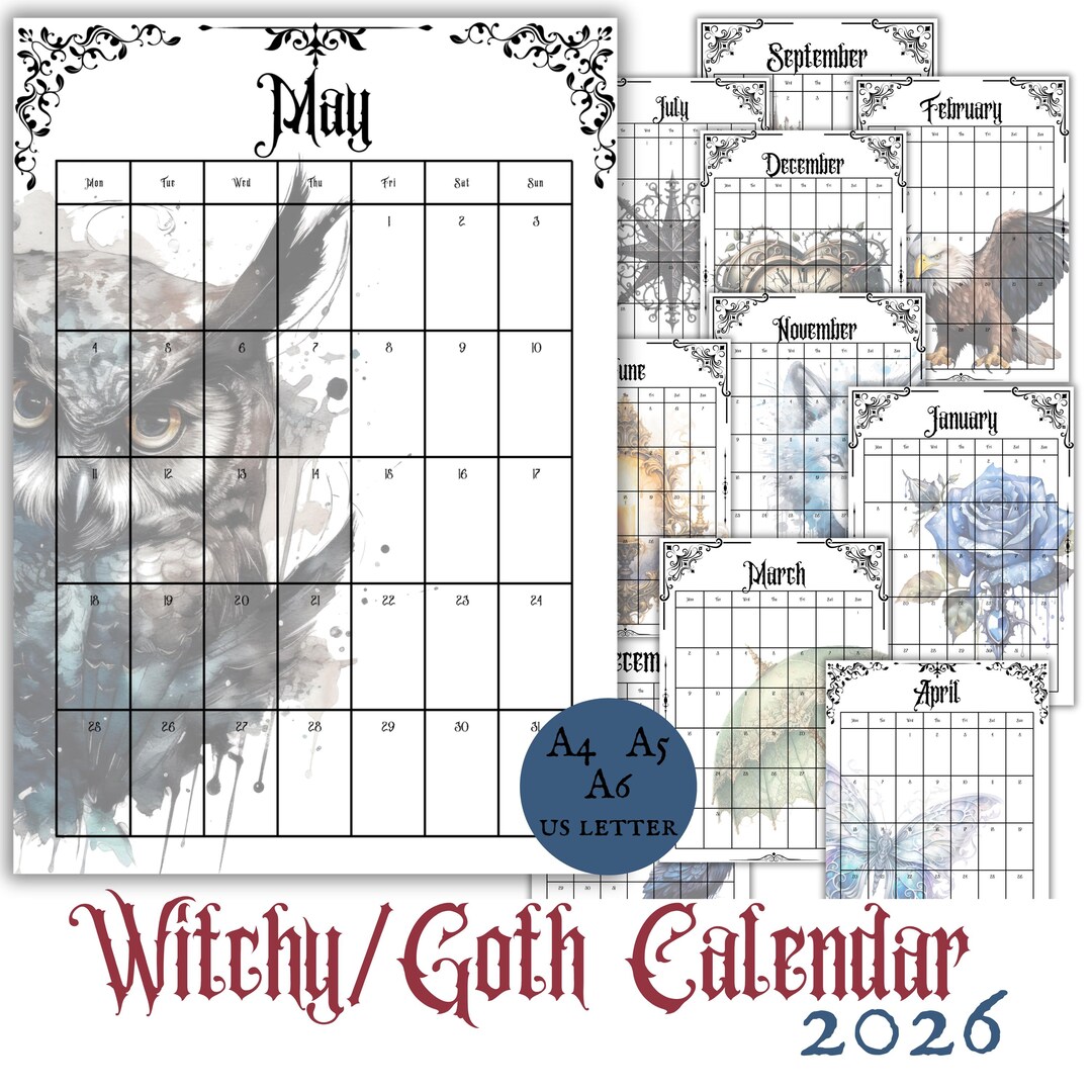 2026 Monthly Gothic Calendar Bundle Printable Downloadable Planner ...
