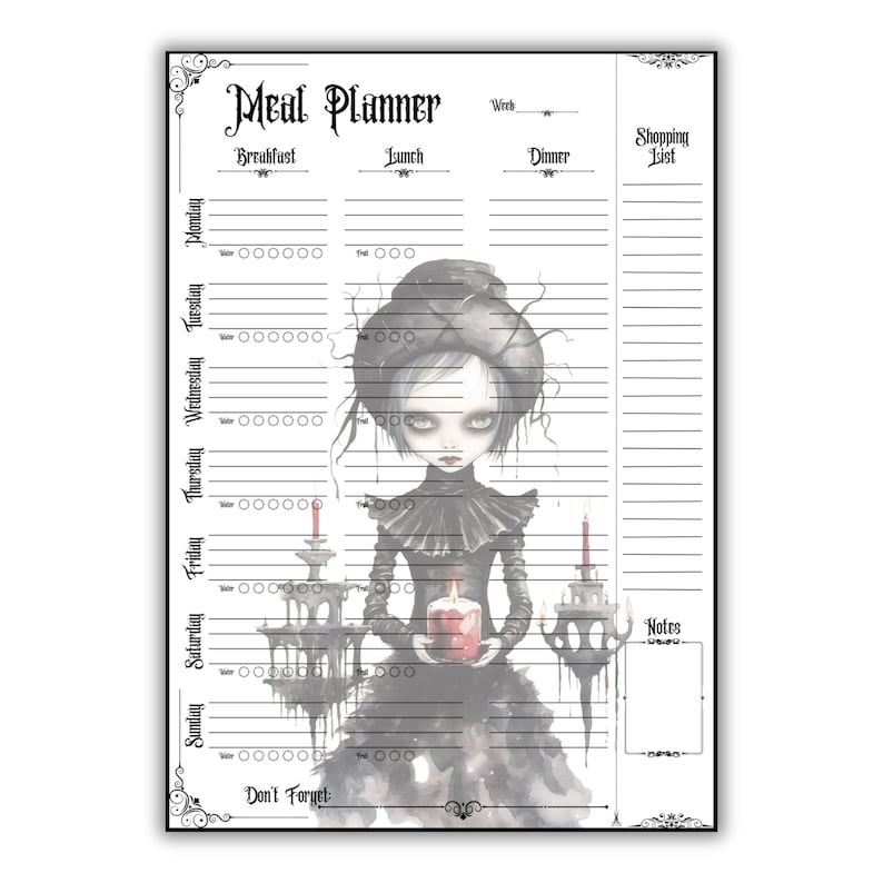Gothic Weekly Meal Planner Grocery List Pagan Recipe Journal, Halloween ...