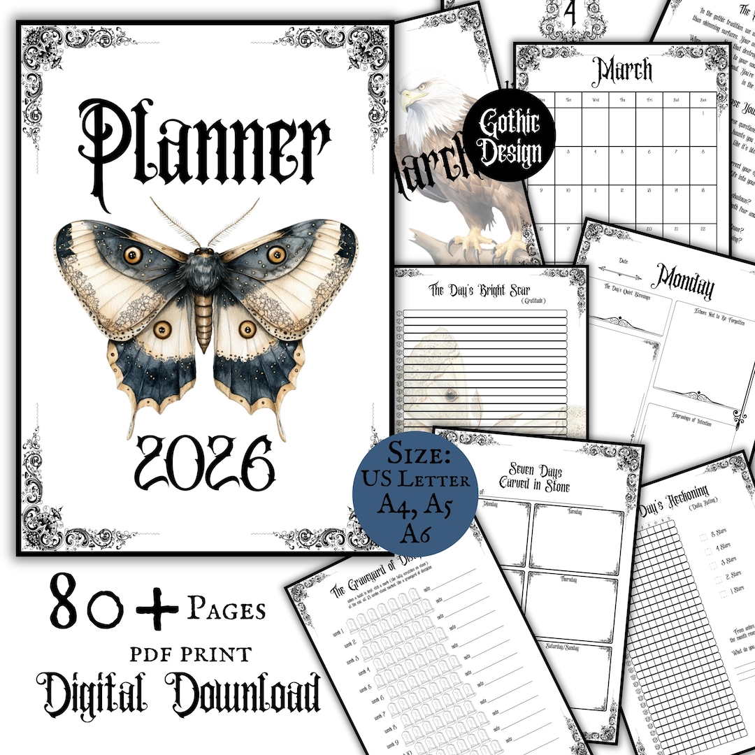 Gothic 2026 Planner Printable Download Pagan Calendar 2026 Journal ...