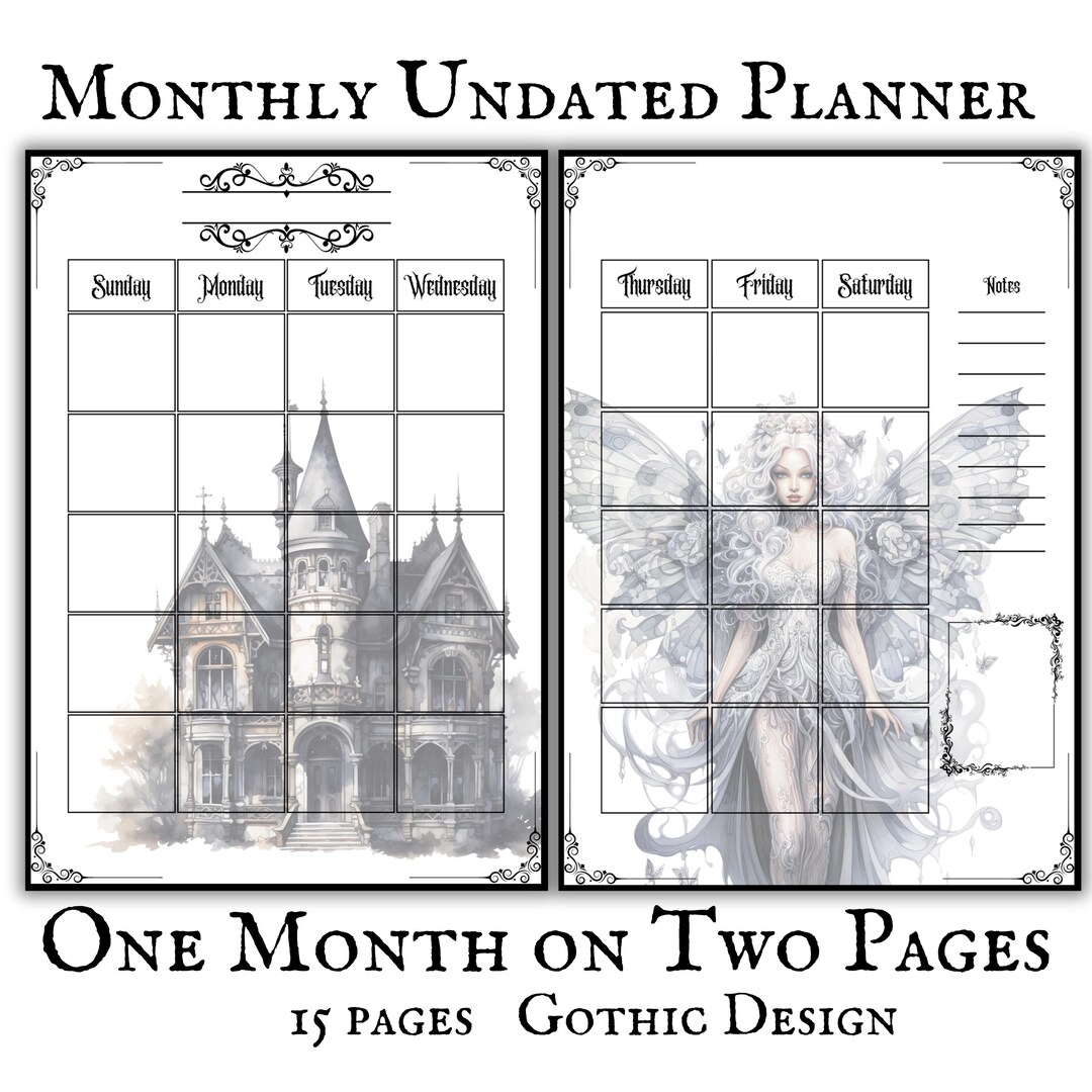 Planificador mensual gótico de dos páginas Calendario pagano Páginas de ...