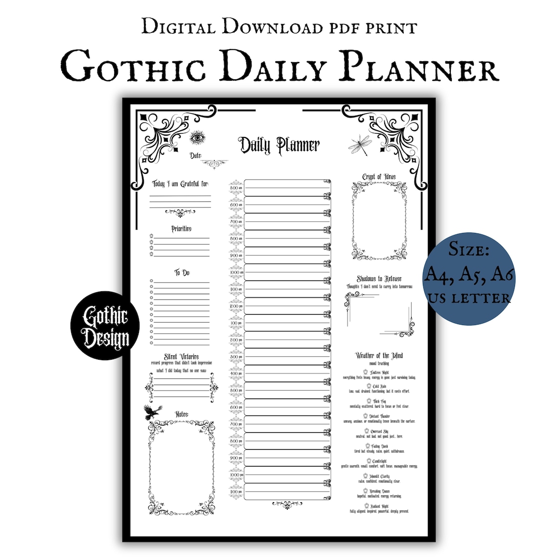Gothic Daily Planner Printable Download Organized Planner Gothic Design ...