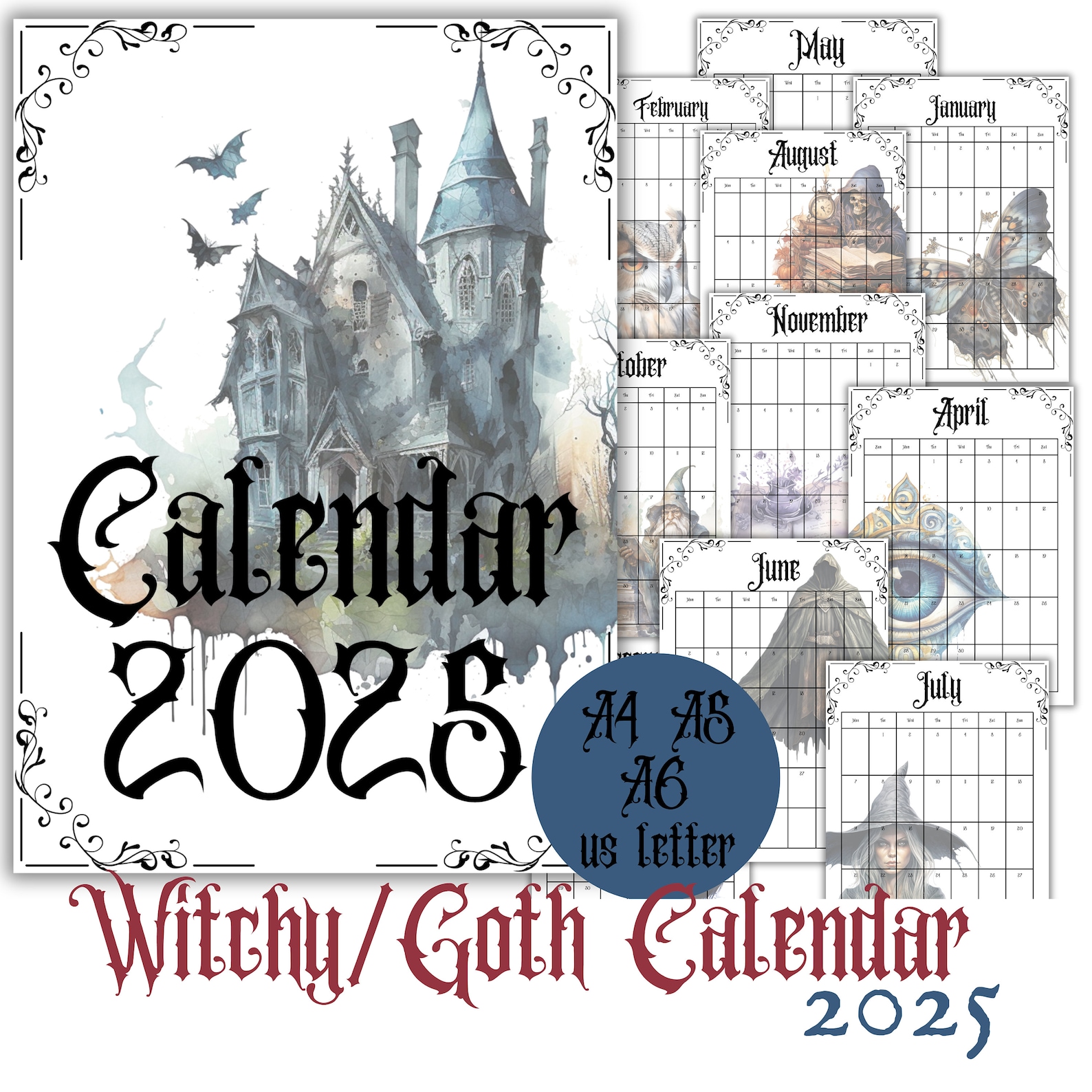 Witchy Goth 2025 Calendar Digital Download Pages Pagan 2025 Monthly ...