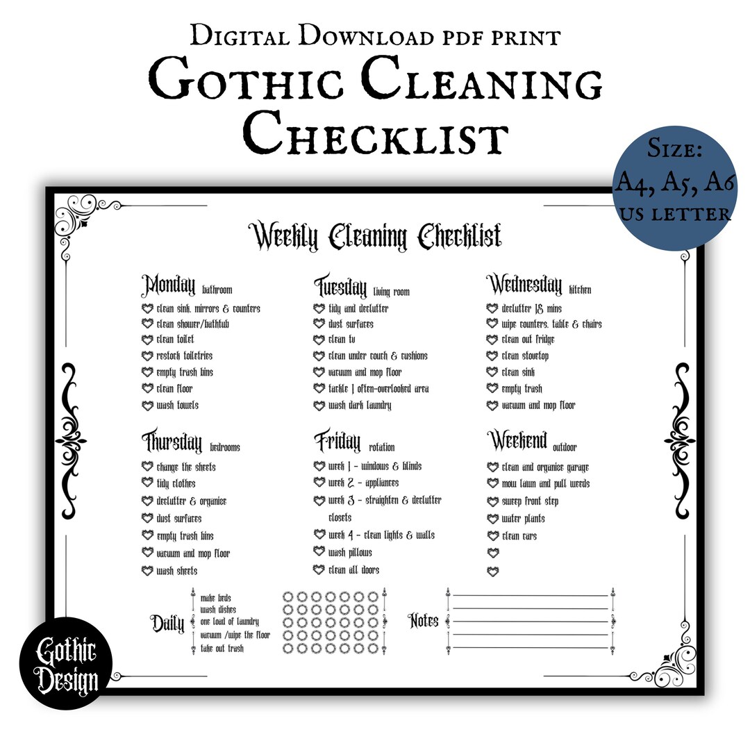 Gothic Cleaning Checklist Printable PDF Pages Daily Weekly Cleaning ...