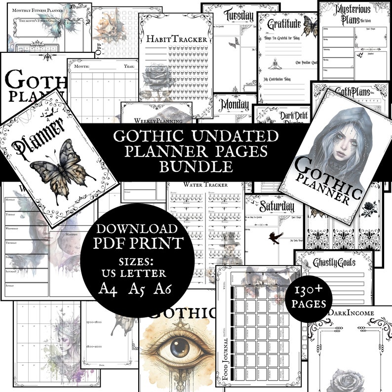 Gothic Planner Pages Undated PDF Printable Download Bundle US Letter ...
