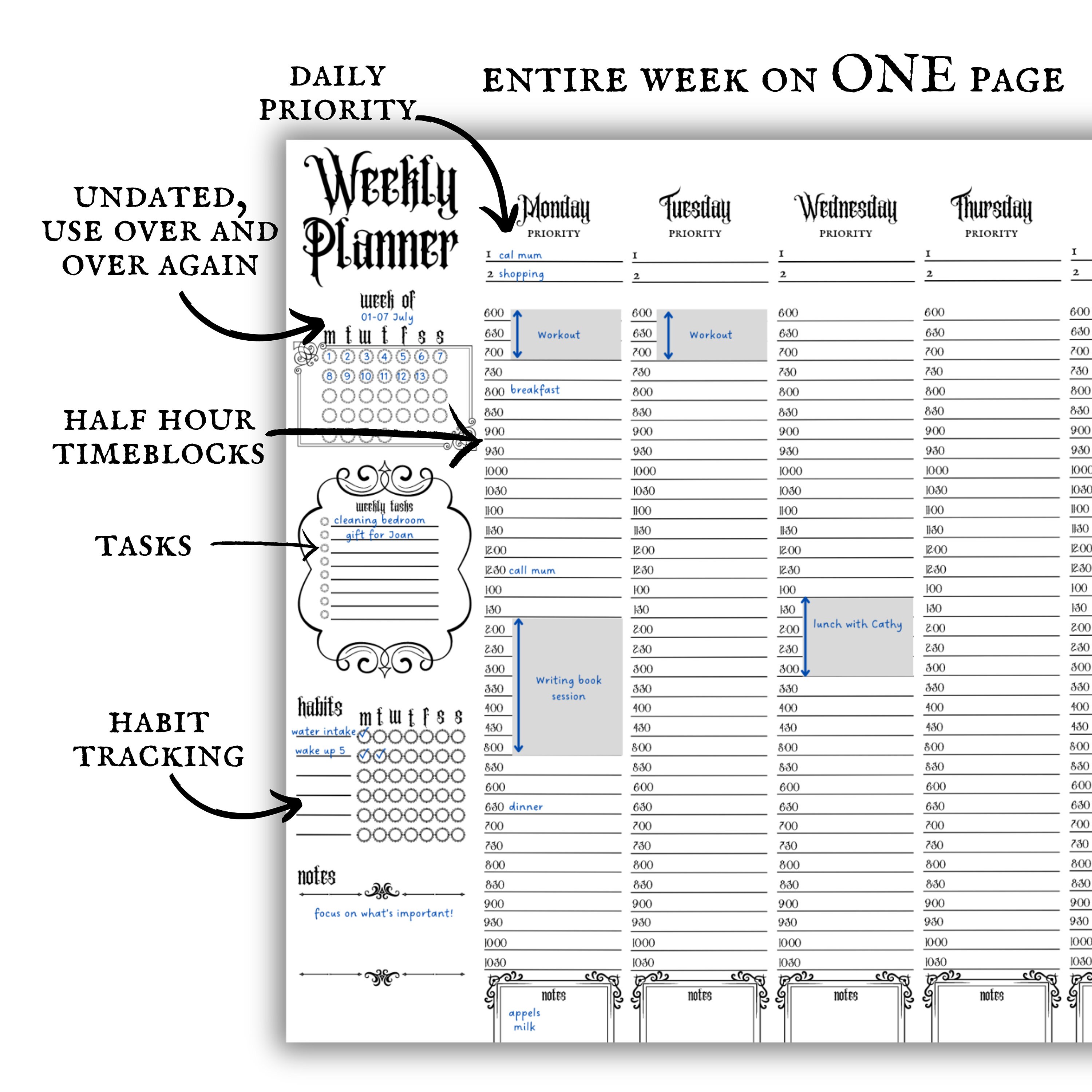 Gothic Weekly Planner Pages Printable Download One Week Organizer Goth ...