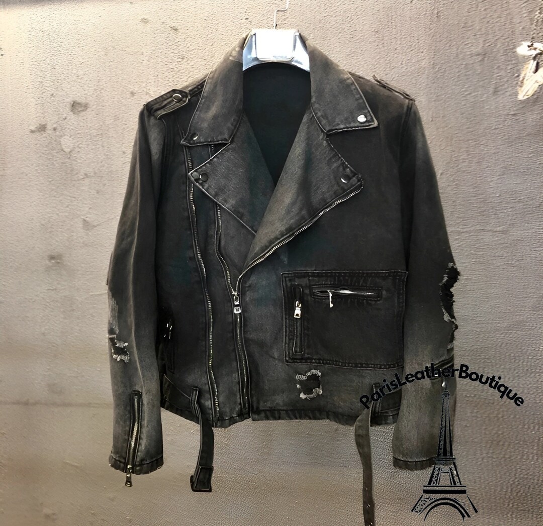 Men Black Zipper Destroyed Punk Ripped Design Denim Jacket Coat - Etsy
