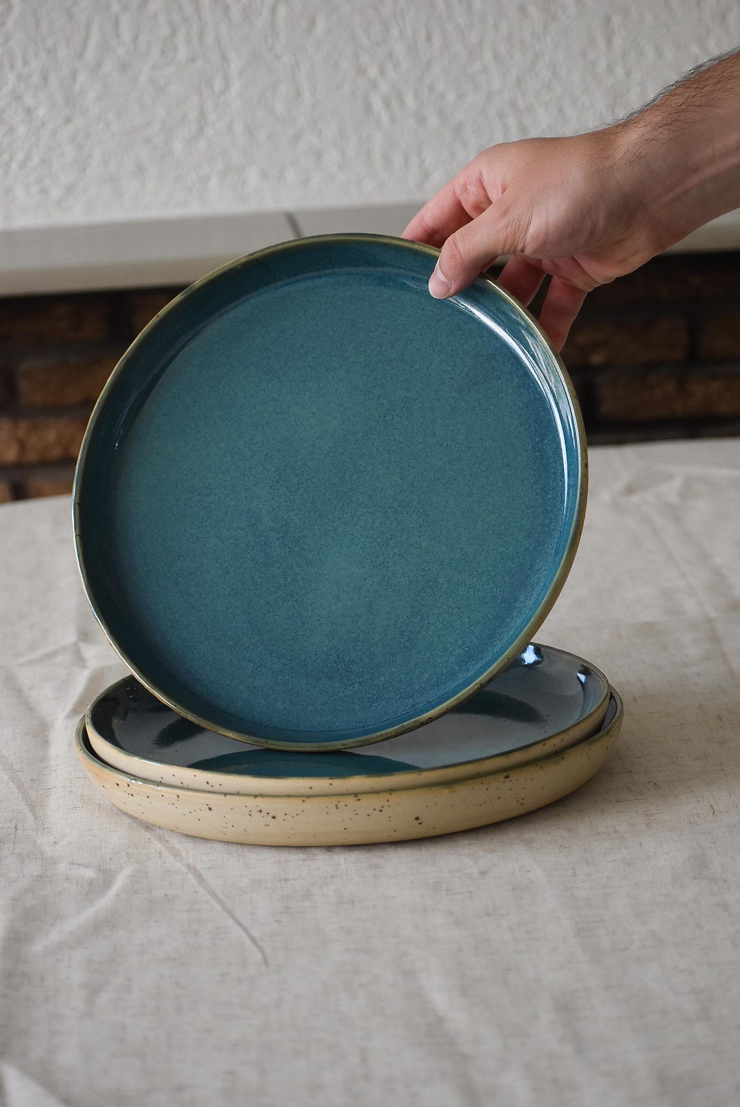 Handmade Large Ceramic Plates, Surfer's Green Glaze, Speckled Stoneware ...