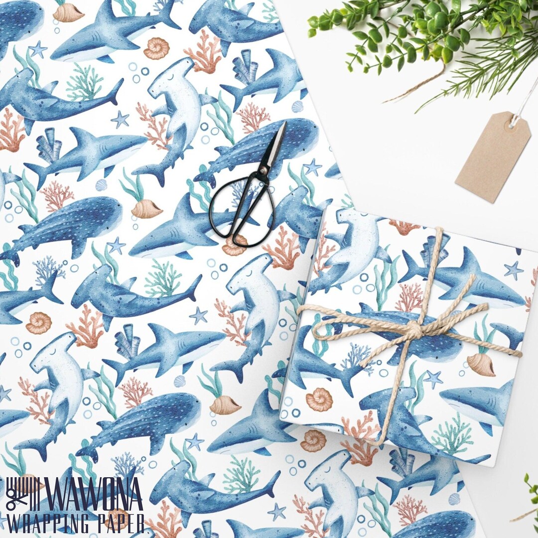 Shark Wrapping Paper Roll Present Wrapping Kids Wrap Birthday Present ...