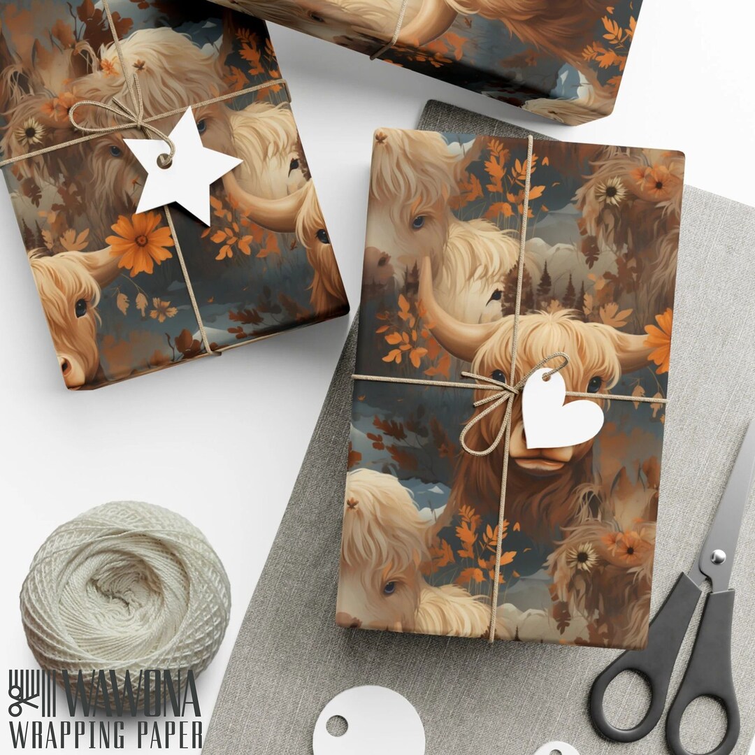 Highland Cow Wrapping Paper Christmas Present Illustrated Xmas Gift ...