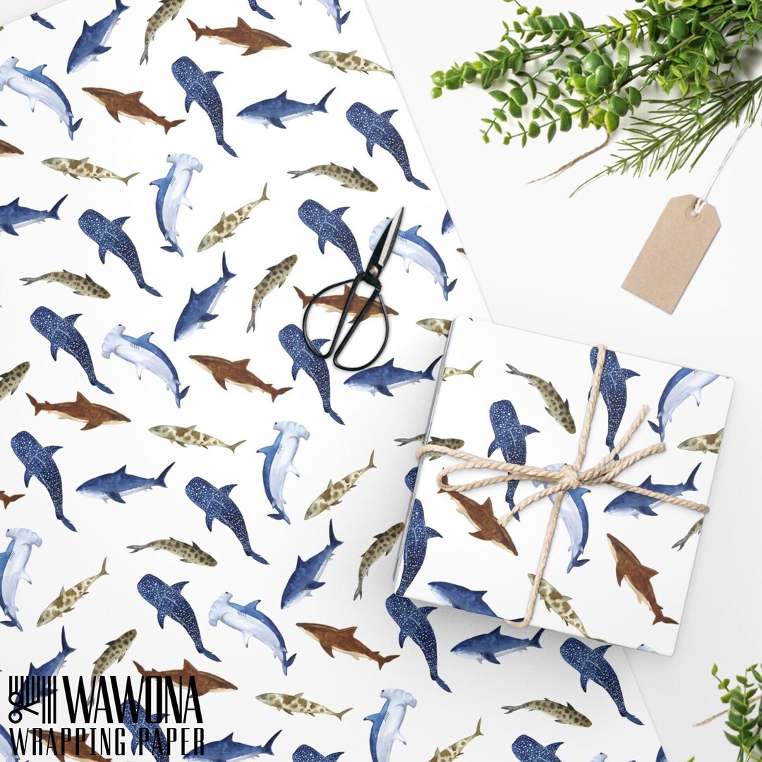 Shark Wrapping Paper Roll Present Wrapping Kids Wrap Birthday Ocean ...