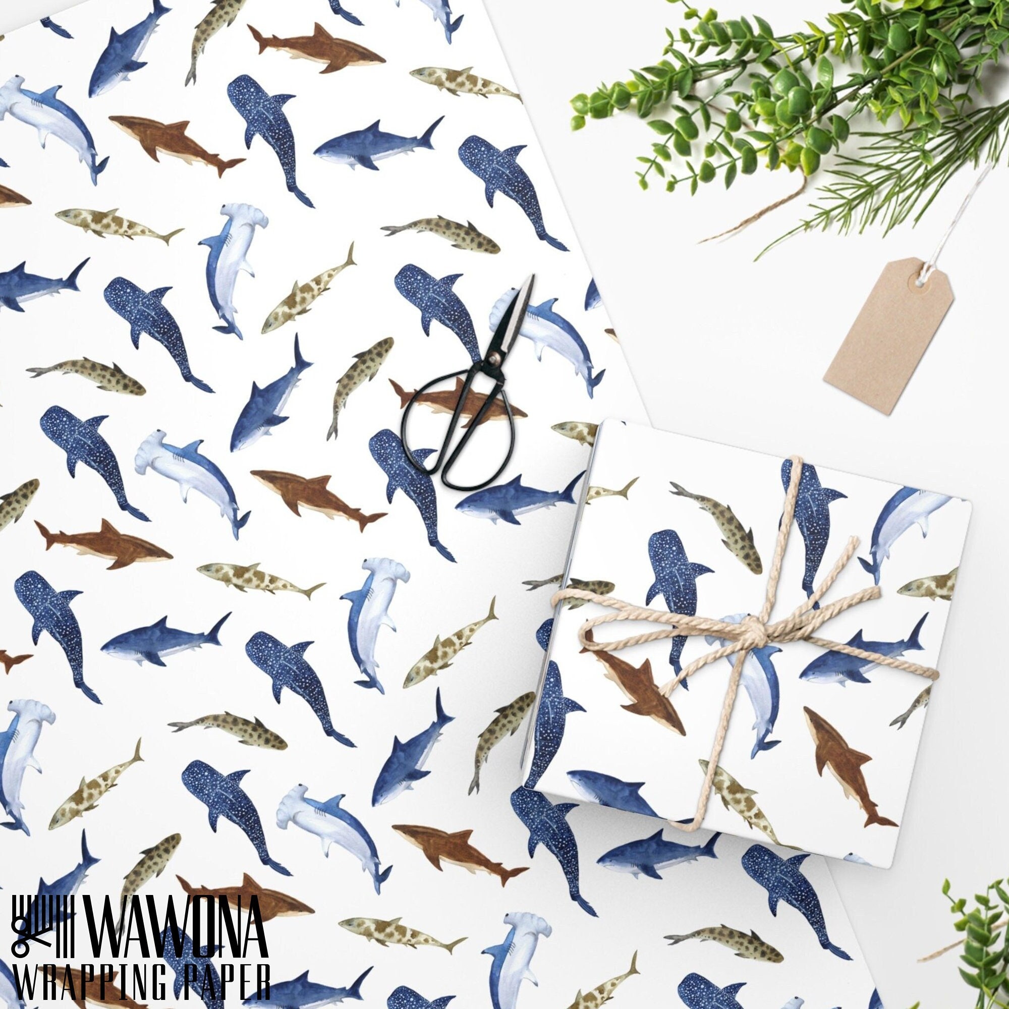 Shark Wrapping Paper Roll Present Wrapping Kids Wrap Birthday Ocean ...