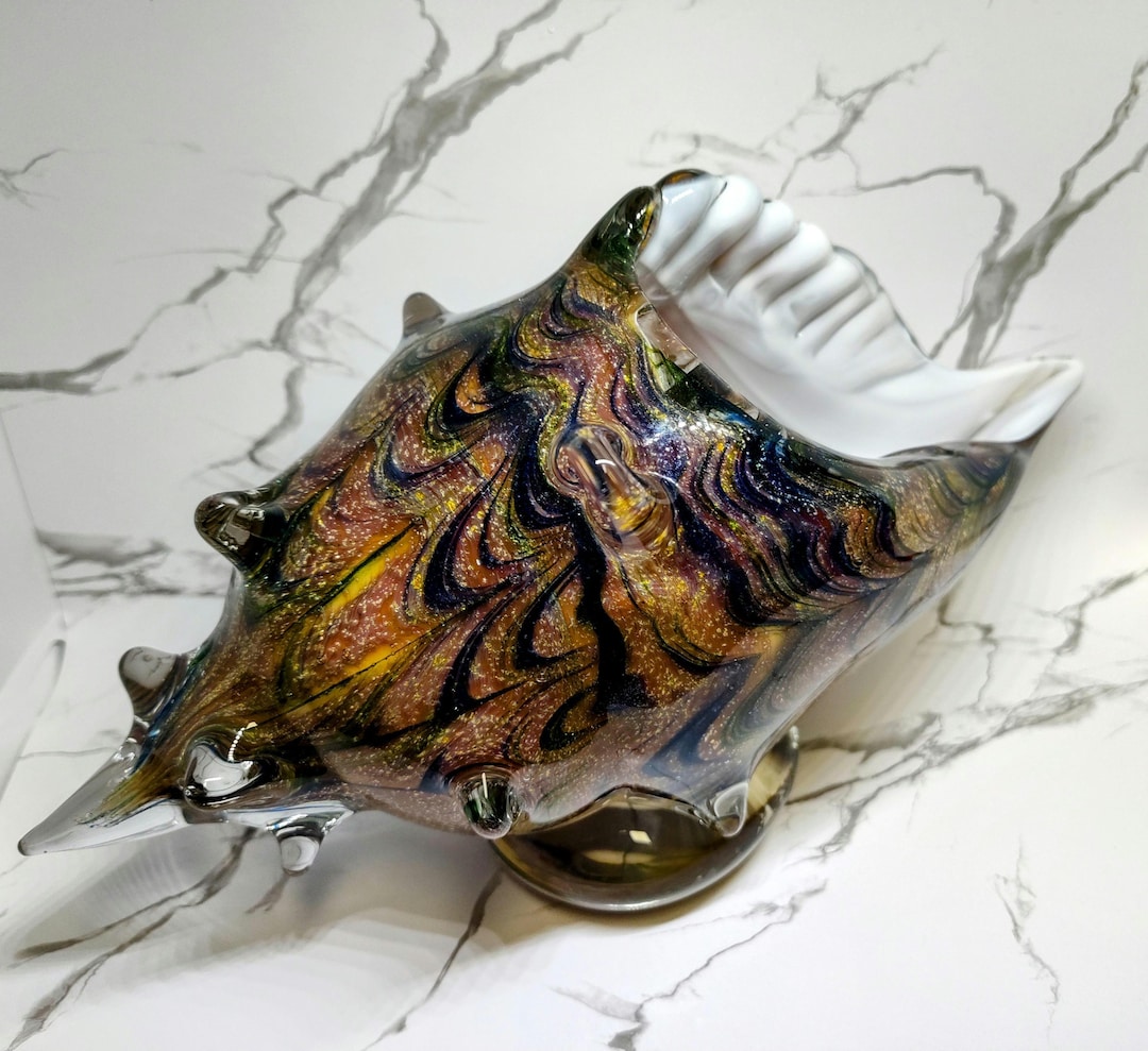 Large Iridescent Art Glass Conch Shell Sculpture | Murano Style Hand ...