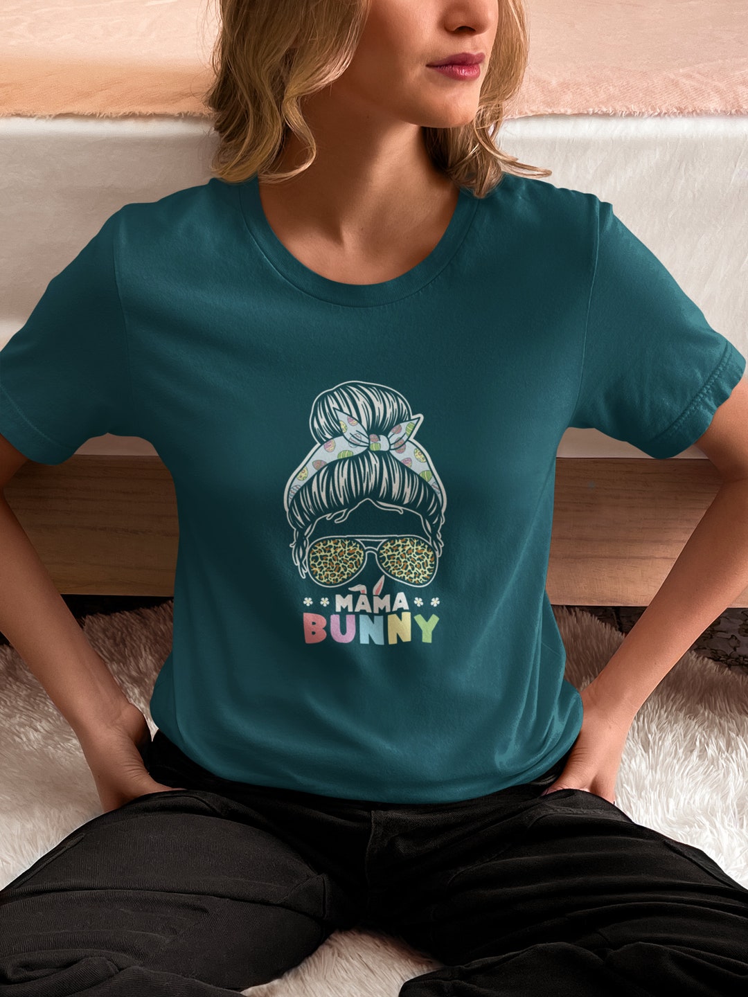 Mama Bunny Ladies Jersey Short Sleeve Tee, Easter Crew Neck Loose T ...