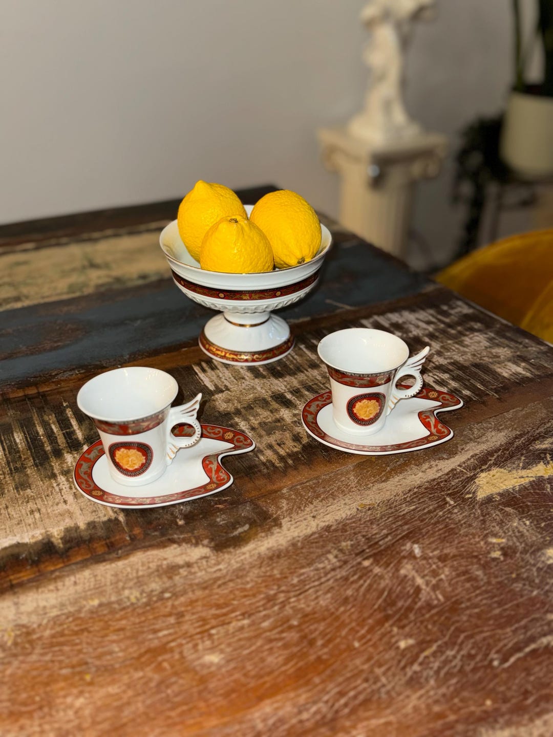 Elegant Espresso Coffee Cup Set With Pedestal Dish Vintage Greek Key ...