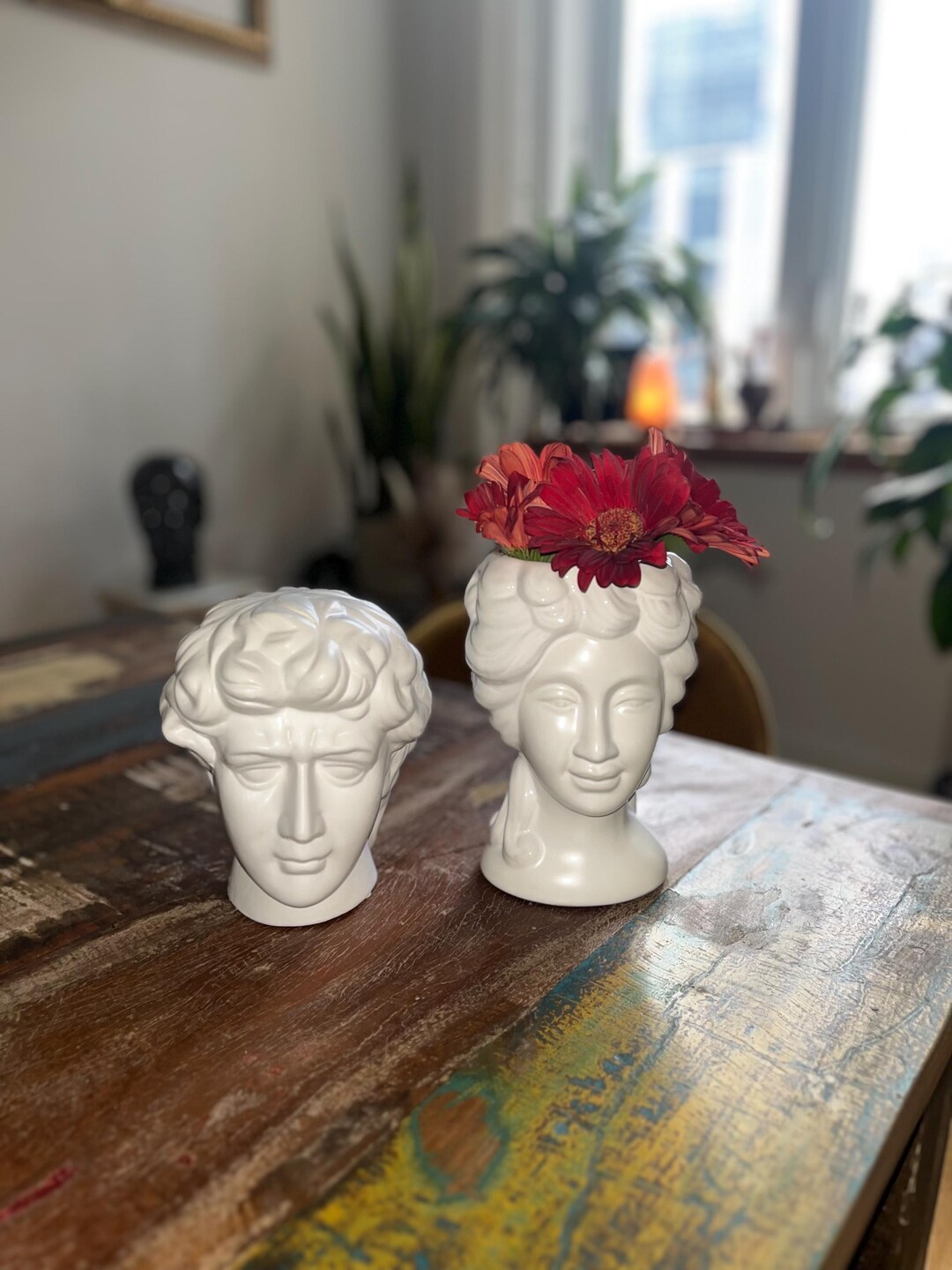 Greek Roman Head Plant Stand Vintage Pot Statue Head Ceramic Figurines ...