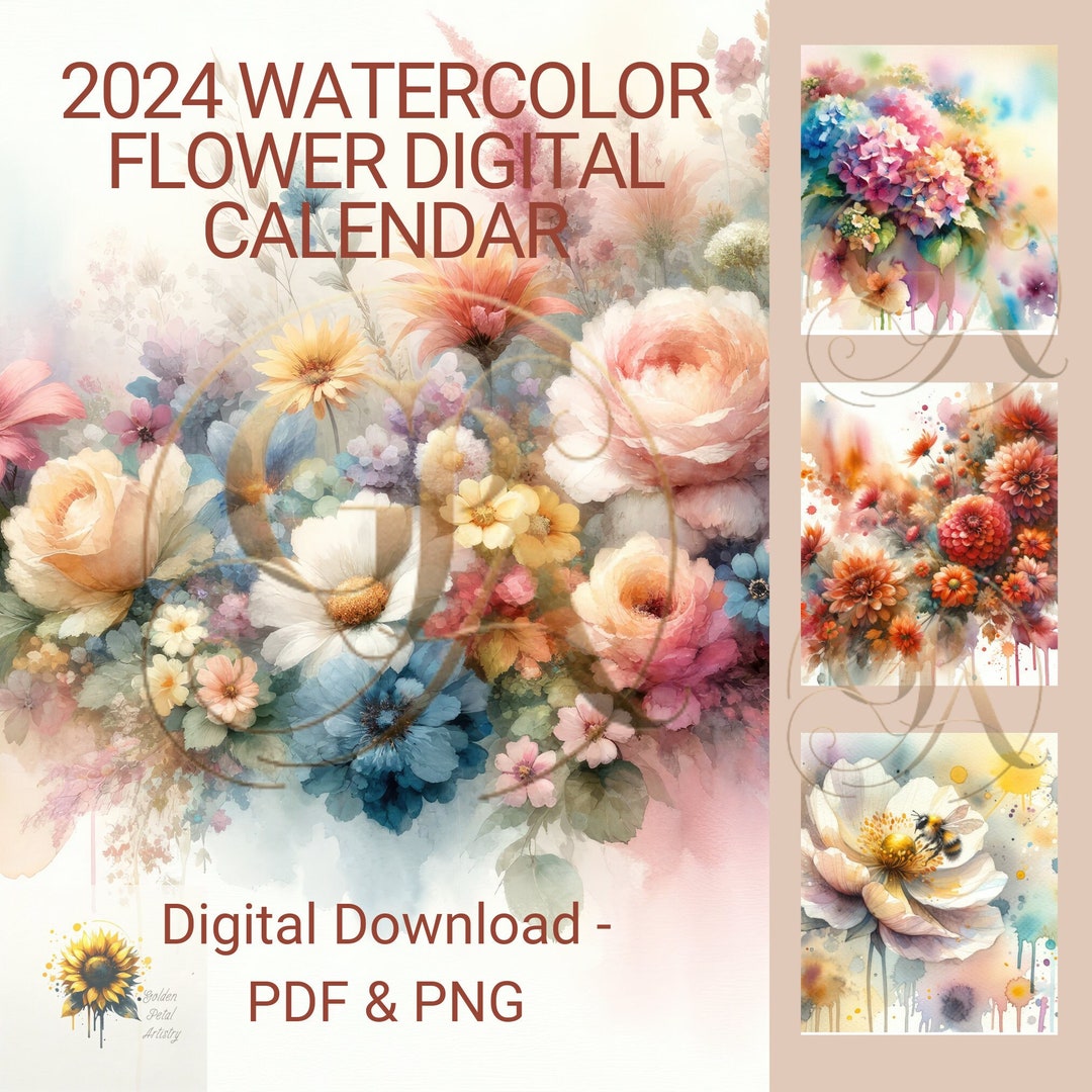2024 Printable Calendar/ Watercolor Art/ Watercolor Flowers/ Compatible ...