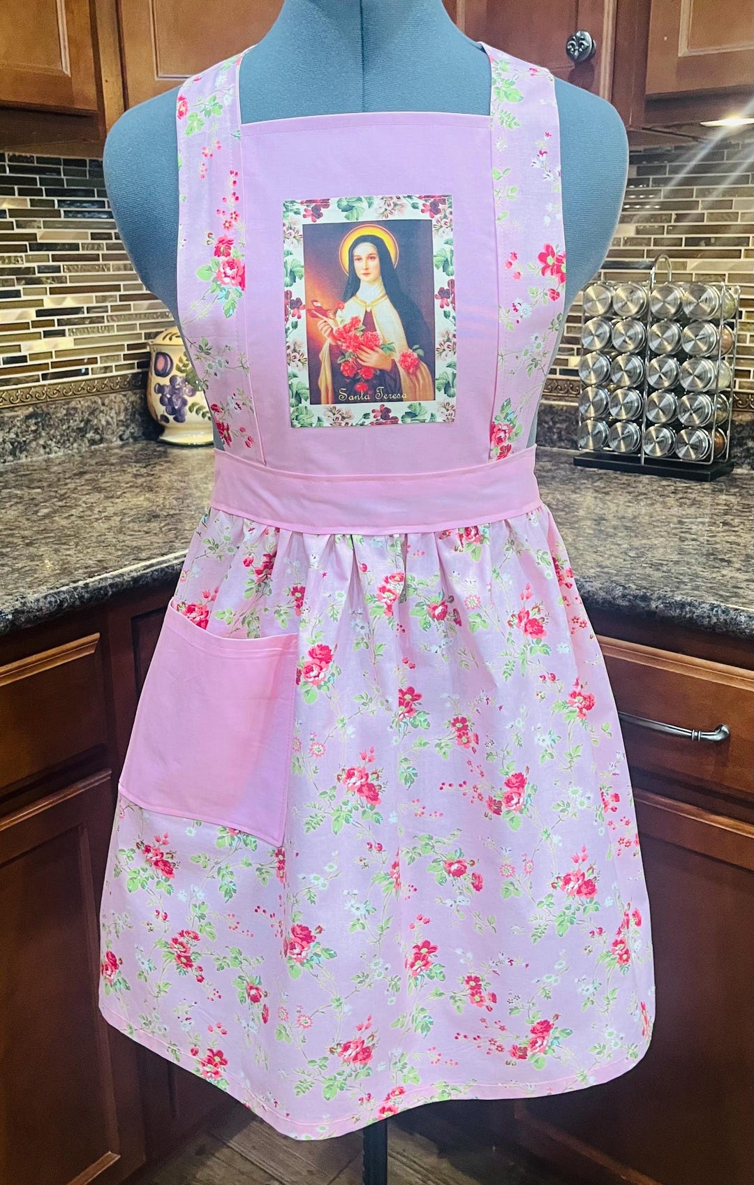 Saint Therese Apron, Pink Floral Cotton Bib Apron - Etsy