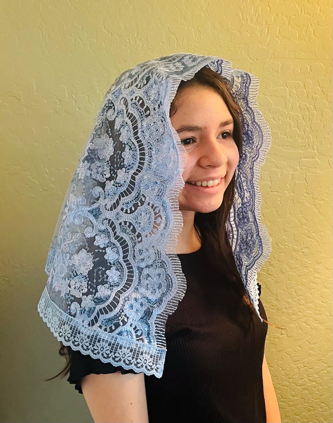 Baby Blue Embroidered D Shape Chapel Veil With Sequins - Etsy