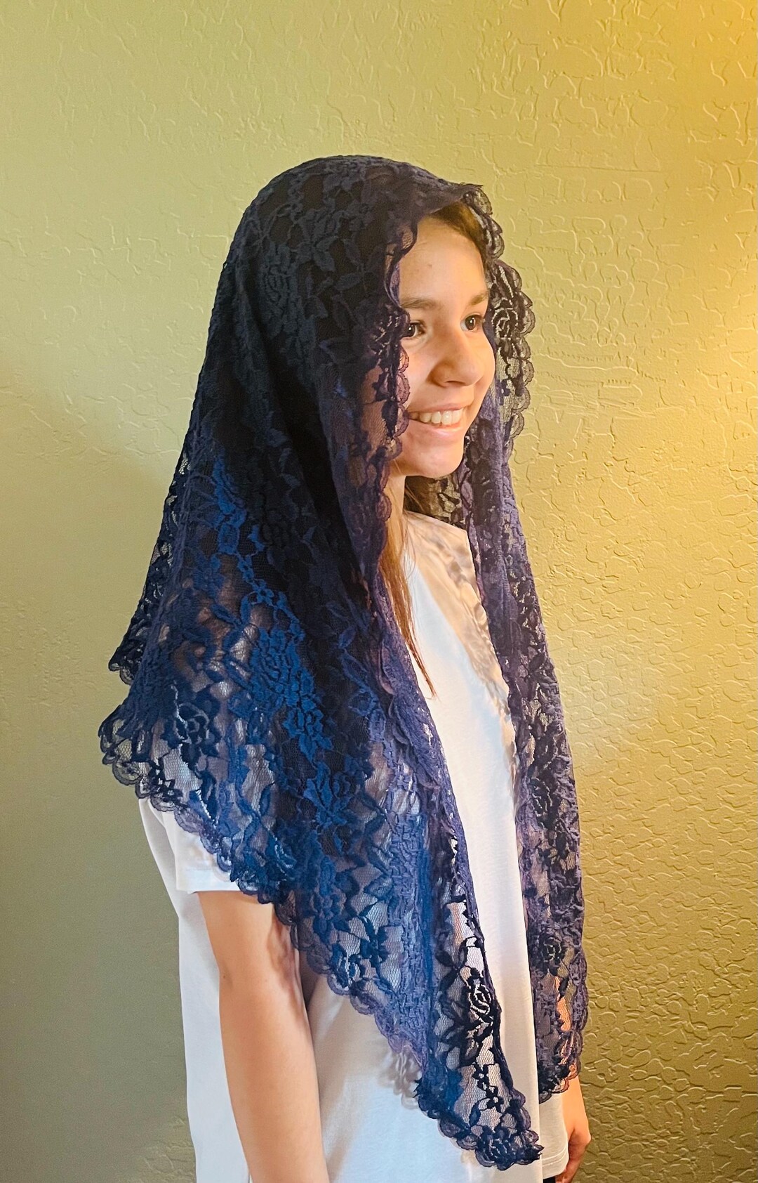 Navy Blue Lace Triangle Chapel Veil - Etsy