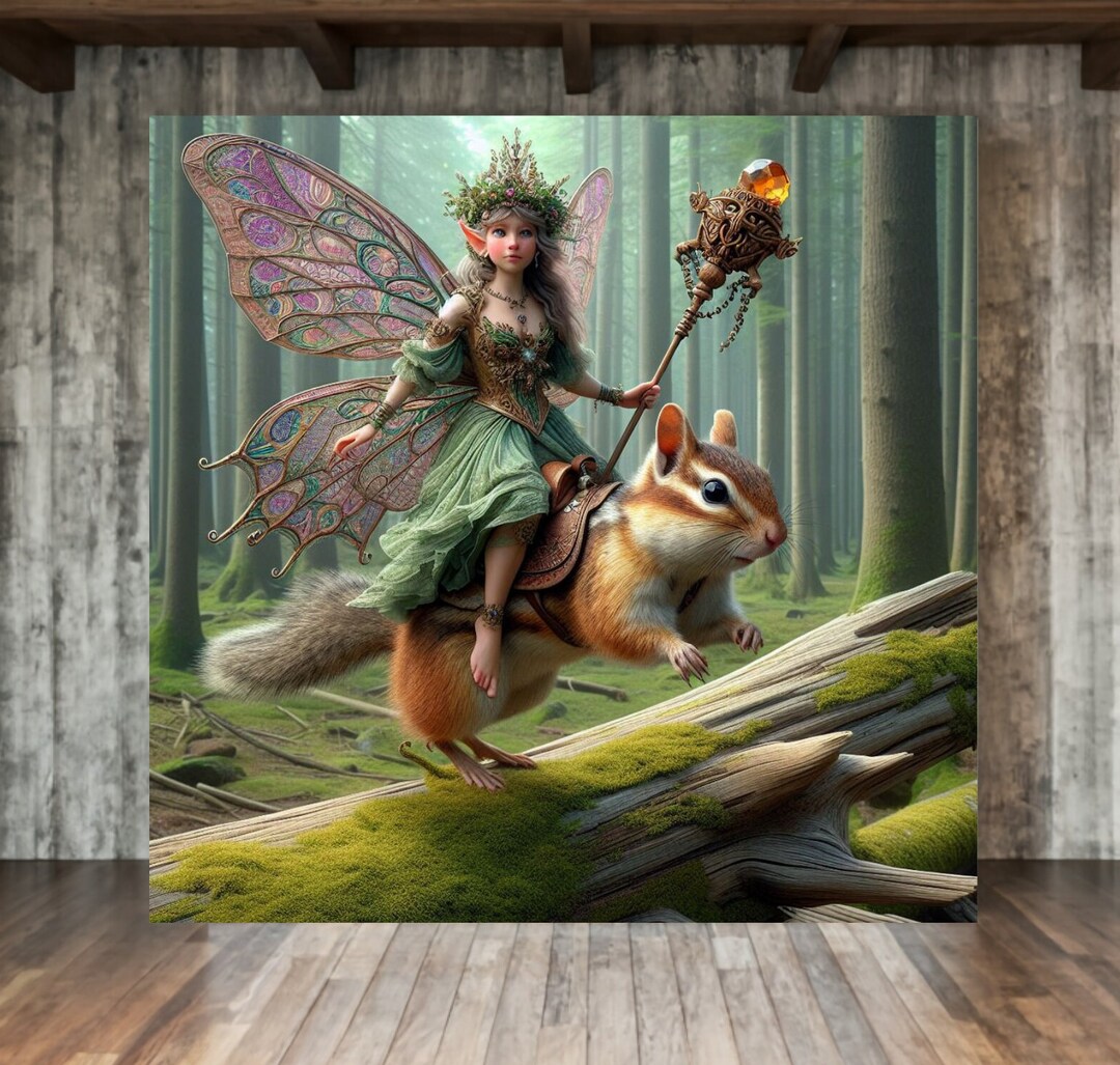 Fairy Wall Art A Fairy Princess Riding A Chipmunk Cottagecore Woodland ...