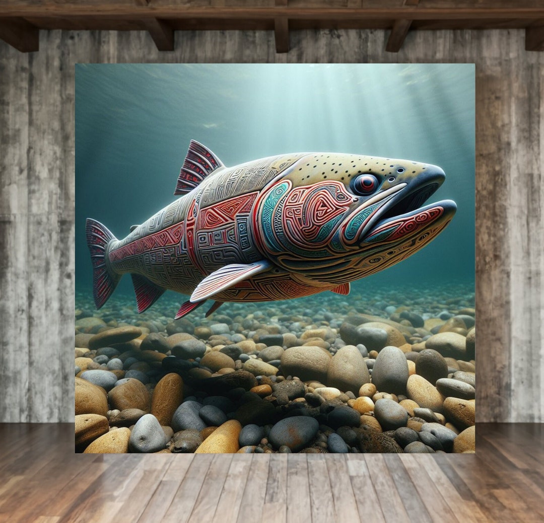 Salmon Cottagecore Wall Art Canvas Muted Colors Coho Lodge Decor PNW ...