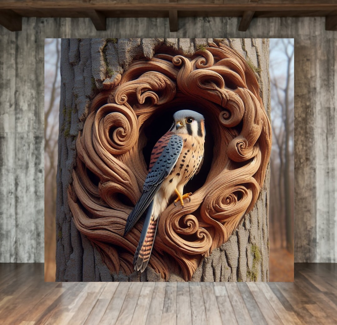 American Kestrel Wall Art Cottagecore Canvas Print Abstract Carved Burl ...