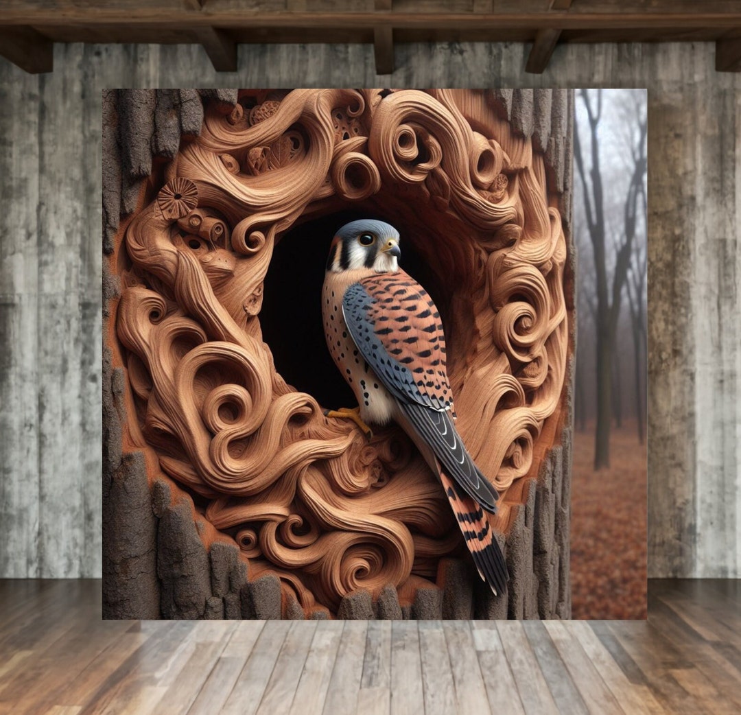 American Kestrel Wall Art Cottagecore Canvas Print Abstract Carved Burl ...