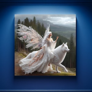 White Fairy White Wolf Fantasy Wall Art Canvas Print Radiant Fairy Wolf ...