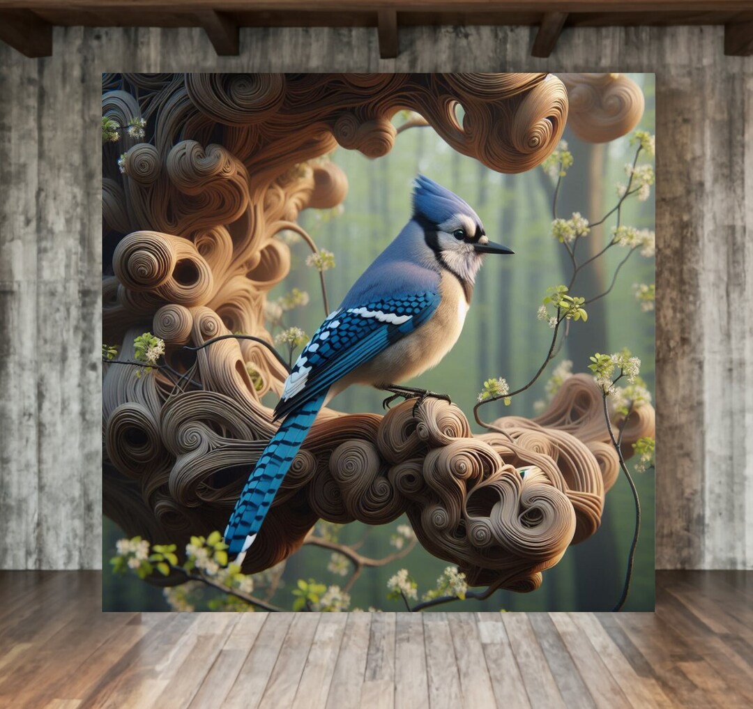 Blue Jay Wall Art Cottagecore Abstract Burled Wood Art Springtime ...