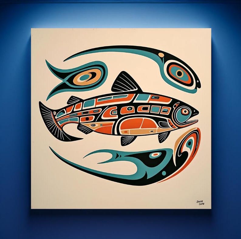 First Nations Inspired Salmon Abstract Pacific Northwest Pop Art Mid ...