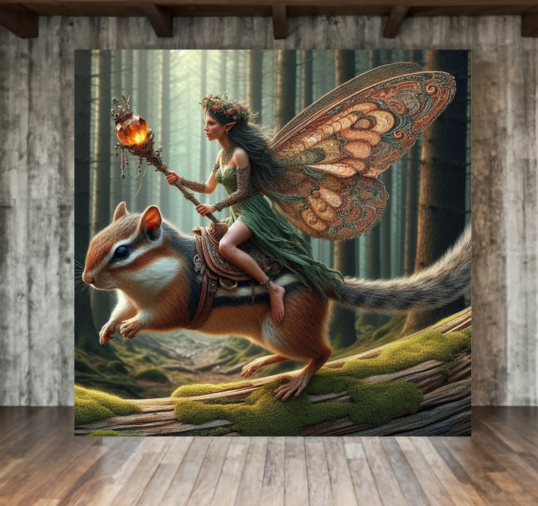 Fairy Wall Art A Fairy Princess Riding A Chipmunk Cottagecore Woodland ...