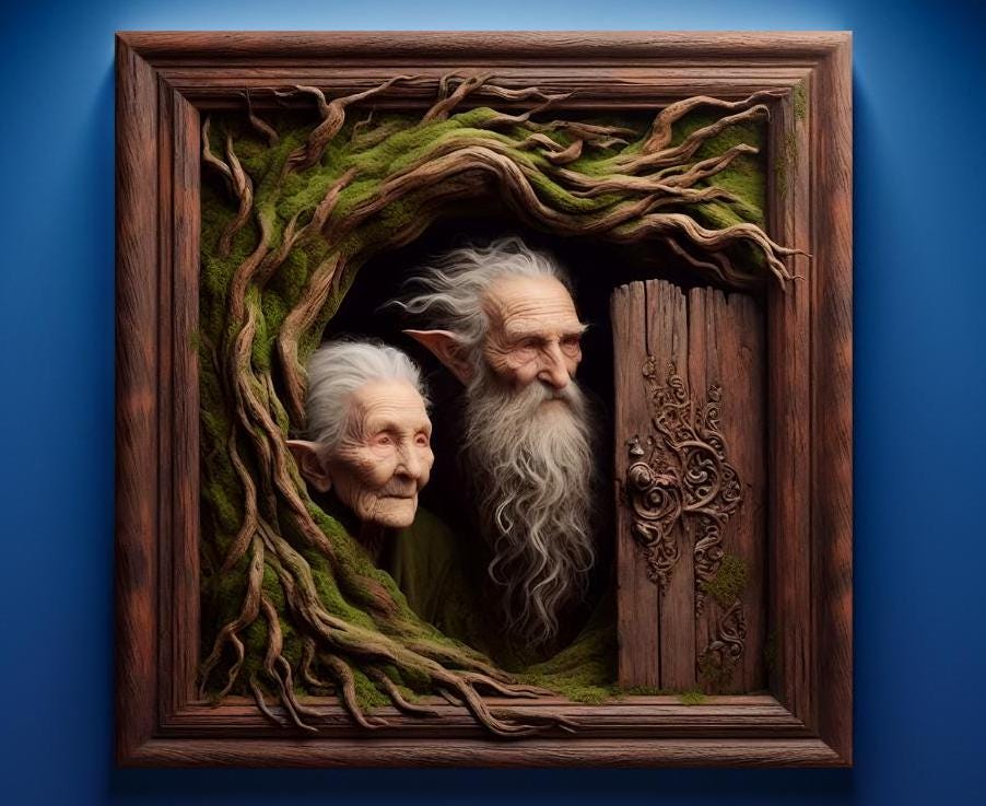 Old Wood Elf Couple Wall Art 3D Unique Optical Illusion Fun Elderly ...