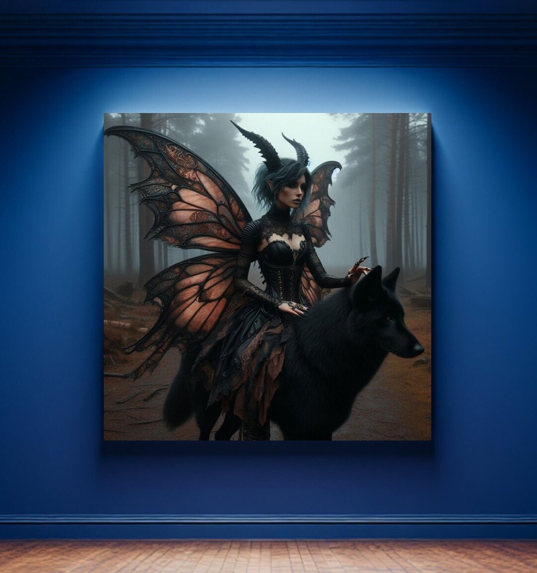 Goth Fairy Black Wolf Wall Art Dark Academia Gothcore Wall Art Canvas ...