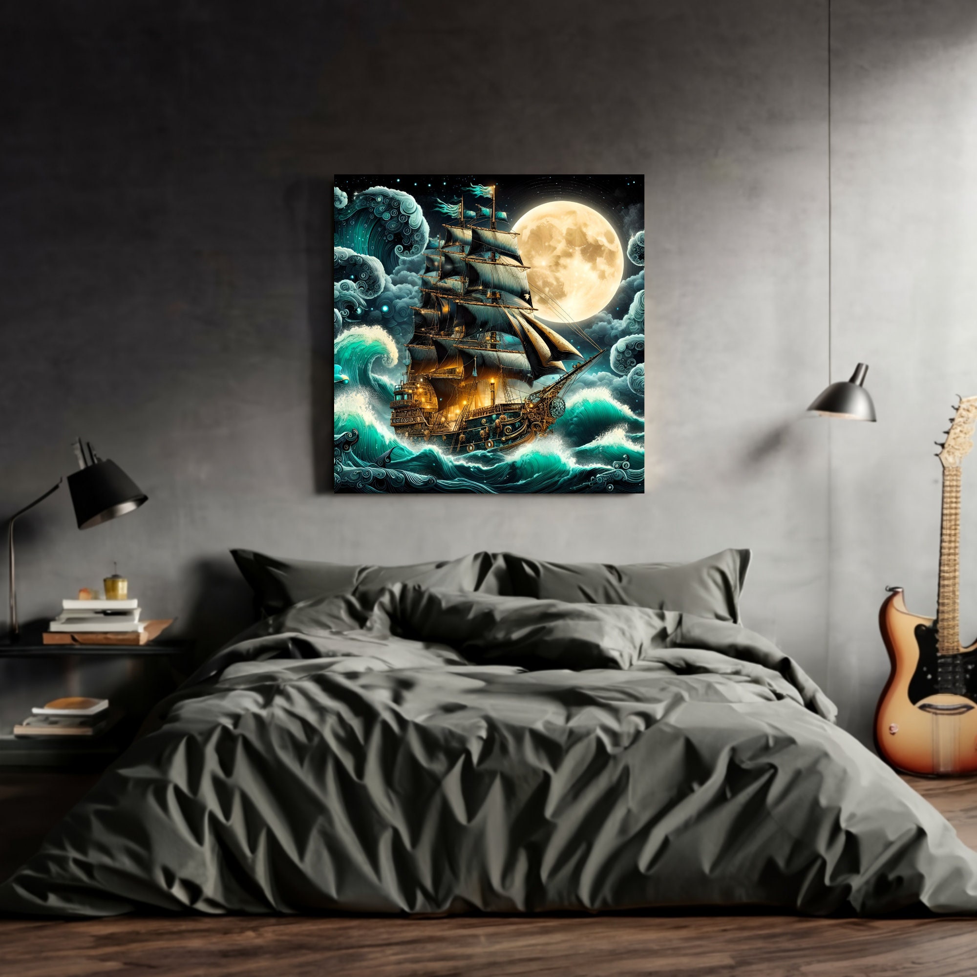 Nautical Wall Art Galleon Ship on Rough Seas Waves Full Moon Gift Shop ...