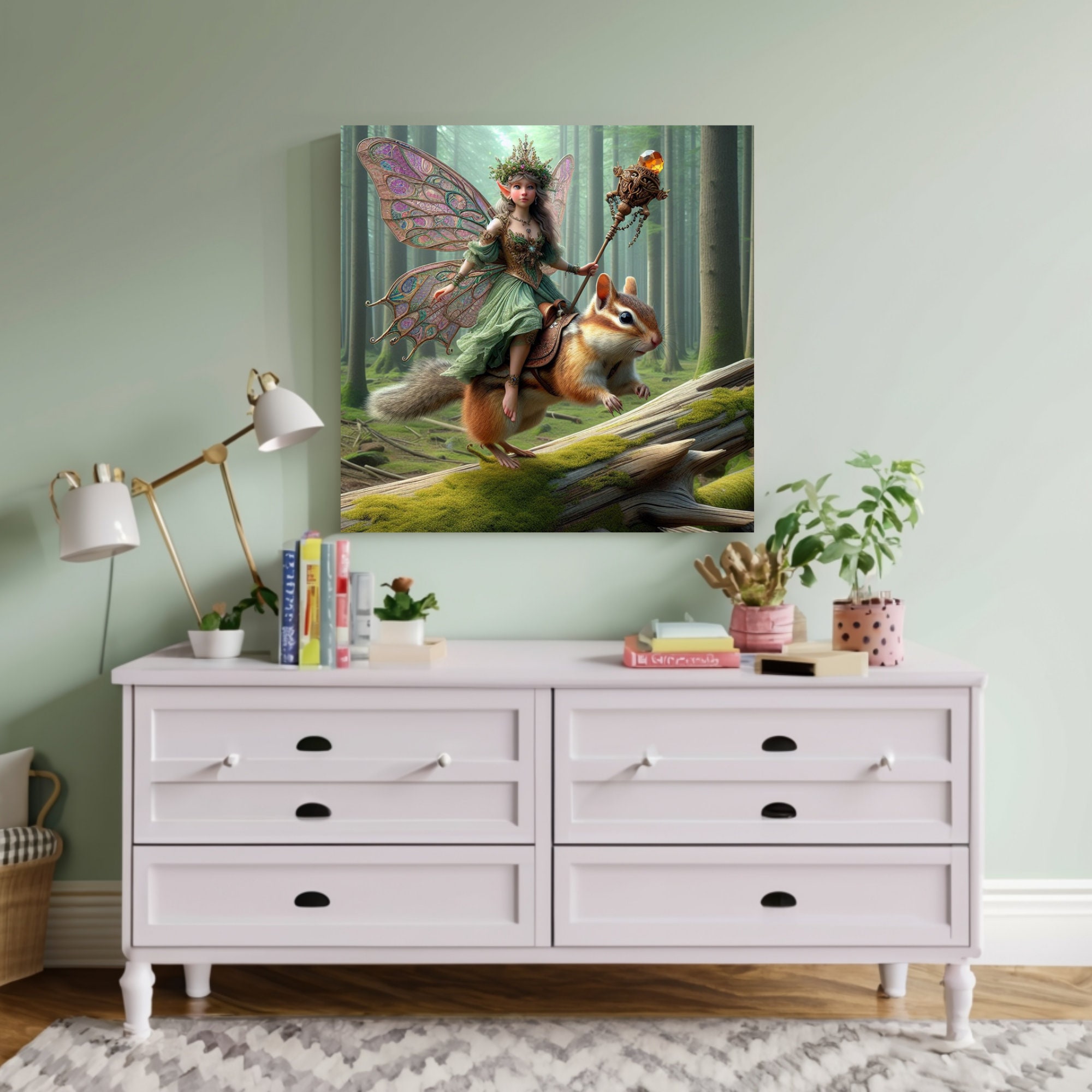 Fairy Wall Art A Fairy Princess Riding A Chipmunk Cottagecore Woodland ...