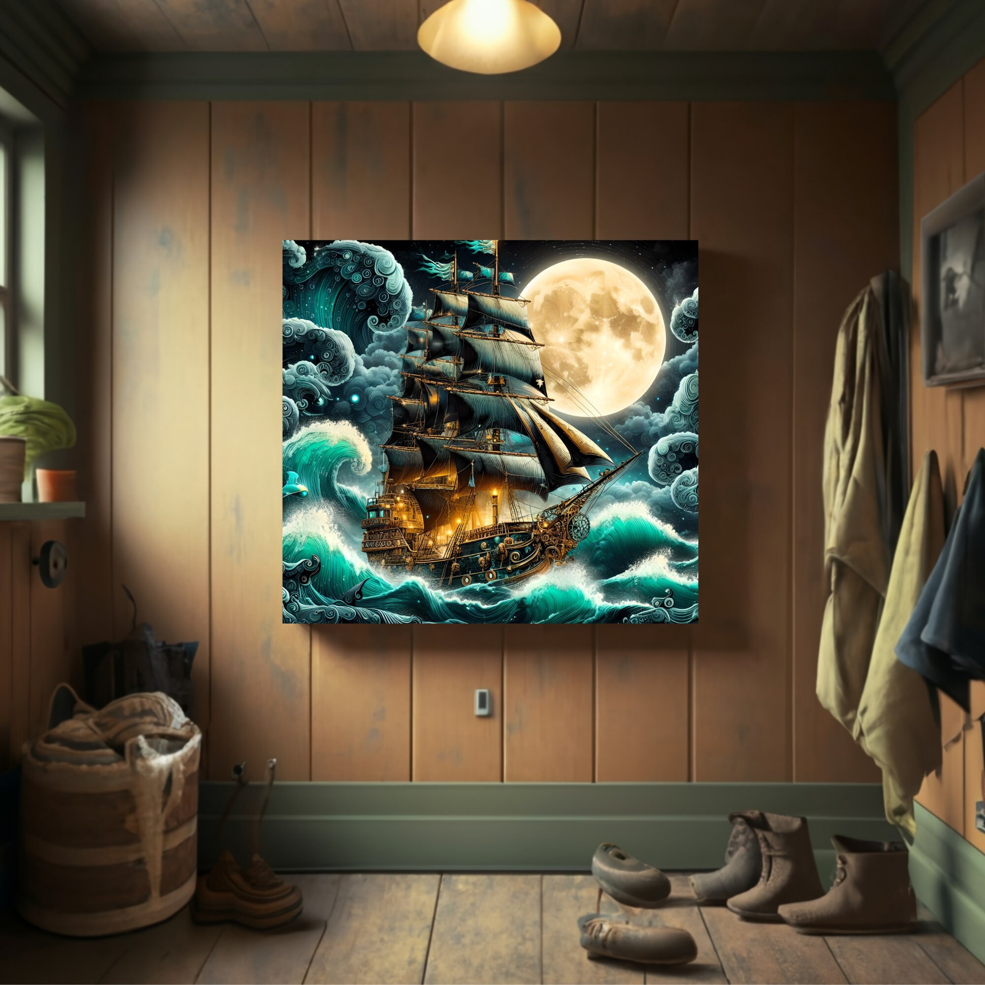 Nautical Wall Art Galleon Ship on Rough Seas Waves Full Moon Gift Shop ...