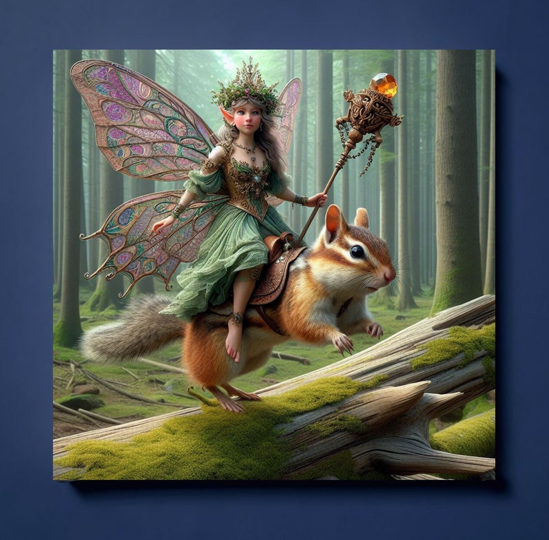 Fairy Wall Art A Fairy Princess Riding A Chipmunk Cottagecore Woodland ...