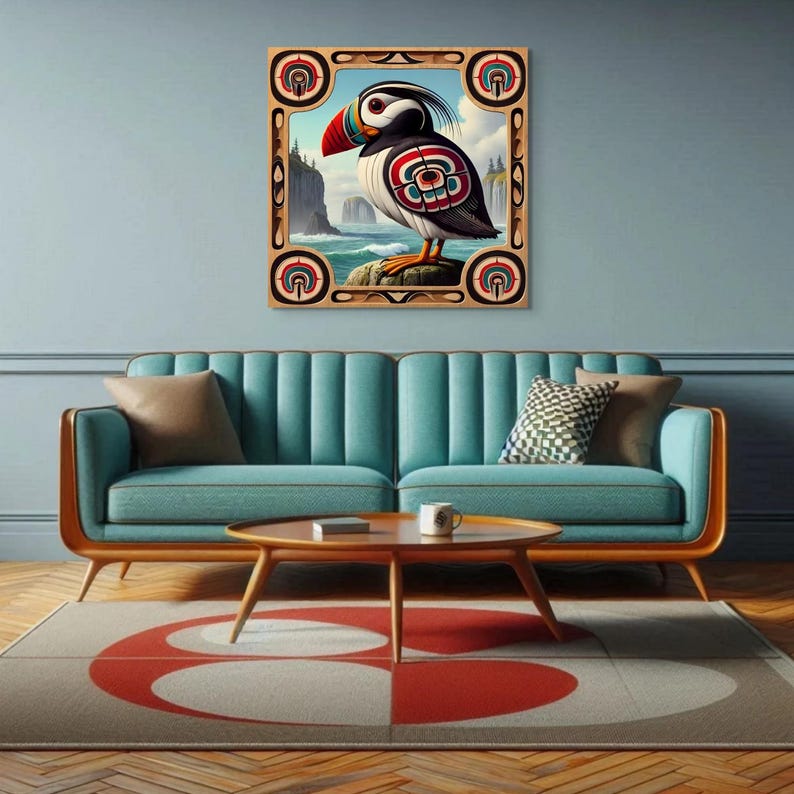 Tufted Puffin Abstract Pacific Northwest Mid-century Oil Paint Wood ...