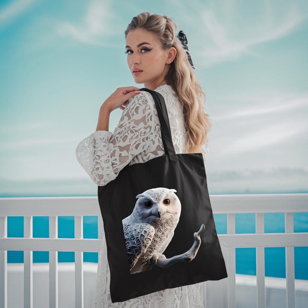Snowy Owl Black Cotton Canvas Tote Bag Unique Abstract Owl Polymer Lace ...