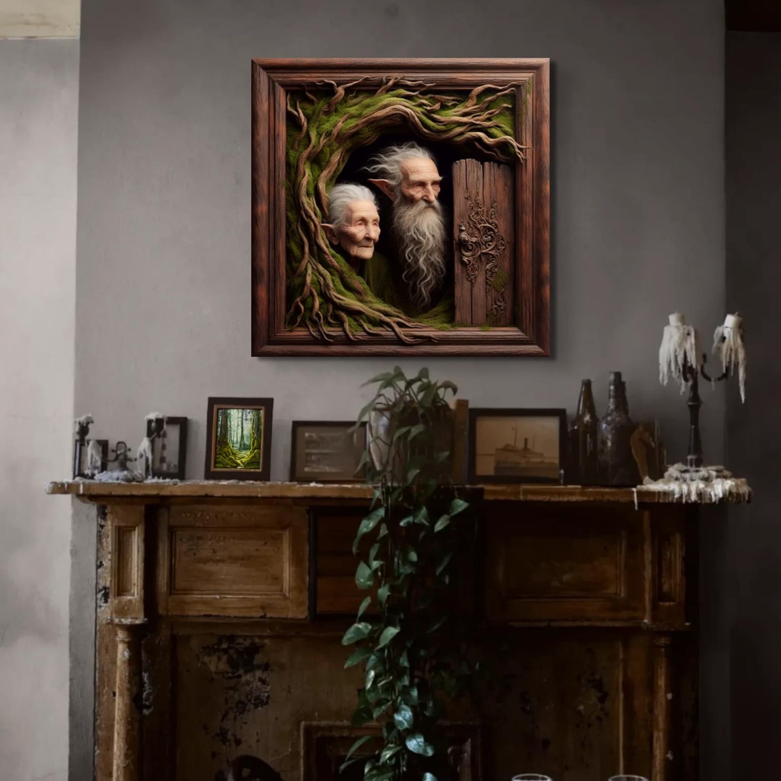 Old Wood Elf Couple Wall Art 3D Unique Optical Illusion Fun Elderly ...