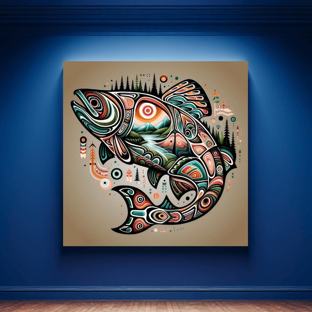 Salmon Wall Art Haida Coast Salish Inspired Oil Paint Render Colorful ...