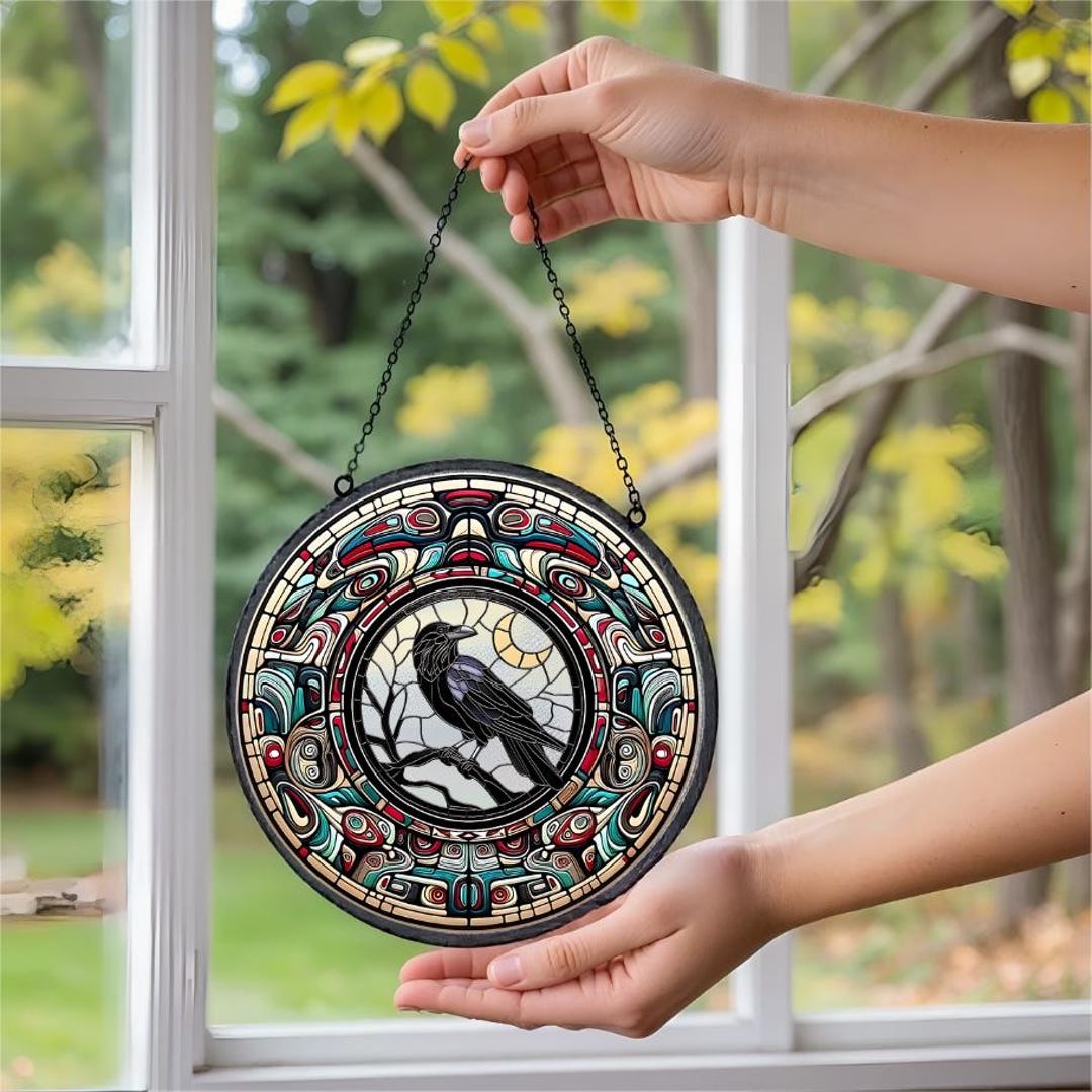 Raven Stained Glass Suncatcher Ornament First Nations PNW Haida ...